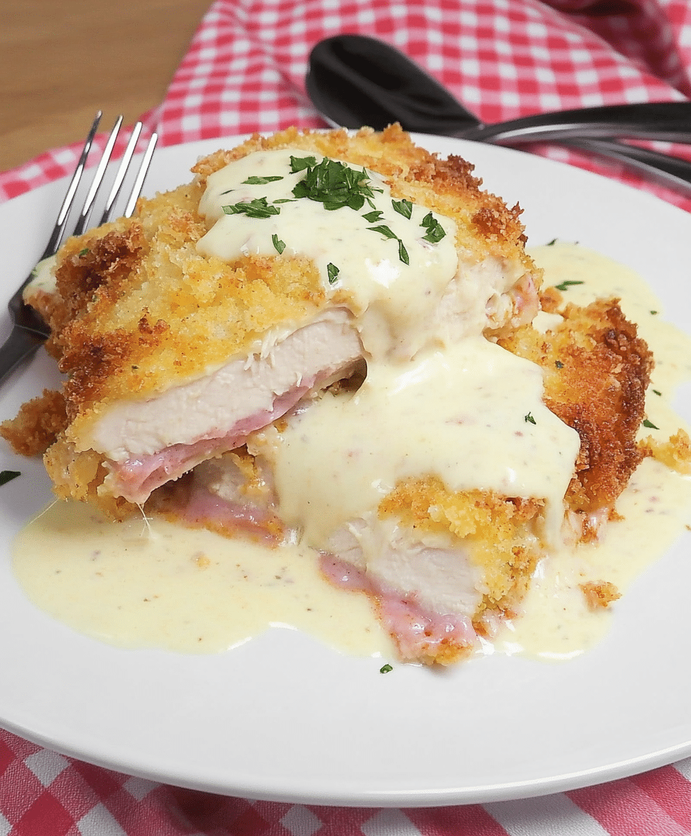 Chicken Cordon Bleu With Swiss Cheese Sauce Recipe - Savory Kitchen Stories