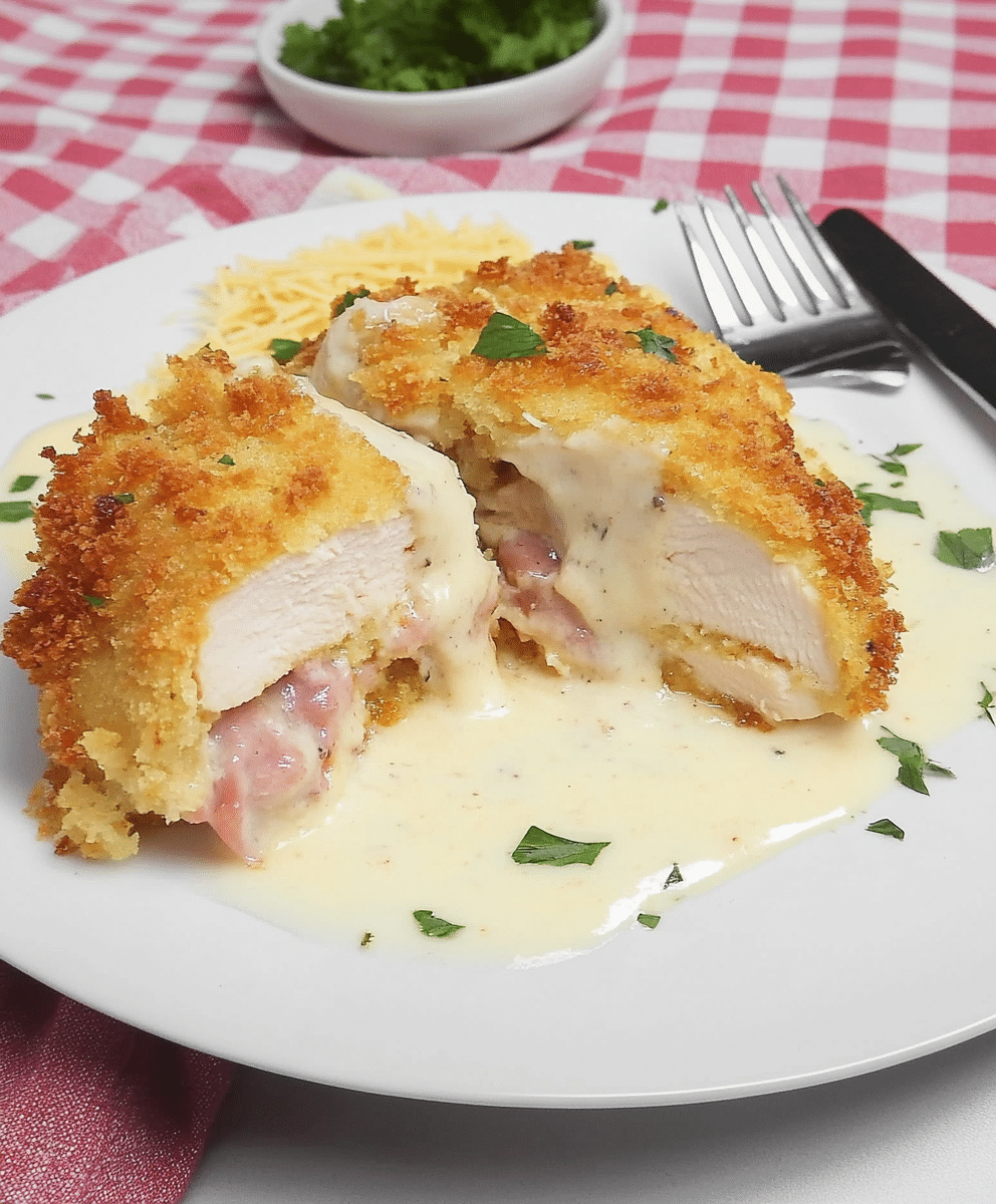Chicken Cordon Bleu With Swiss Cheese Sauce Recipe - Savory Kitchen Stories